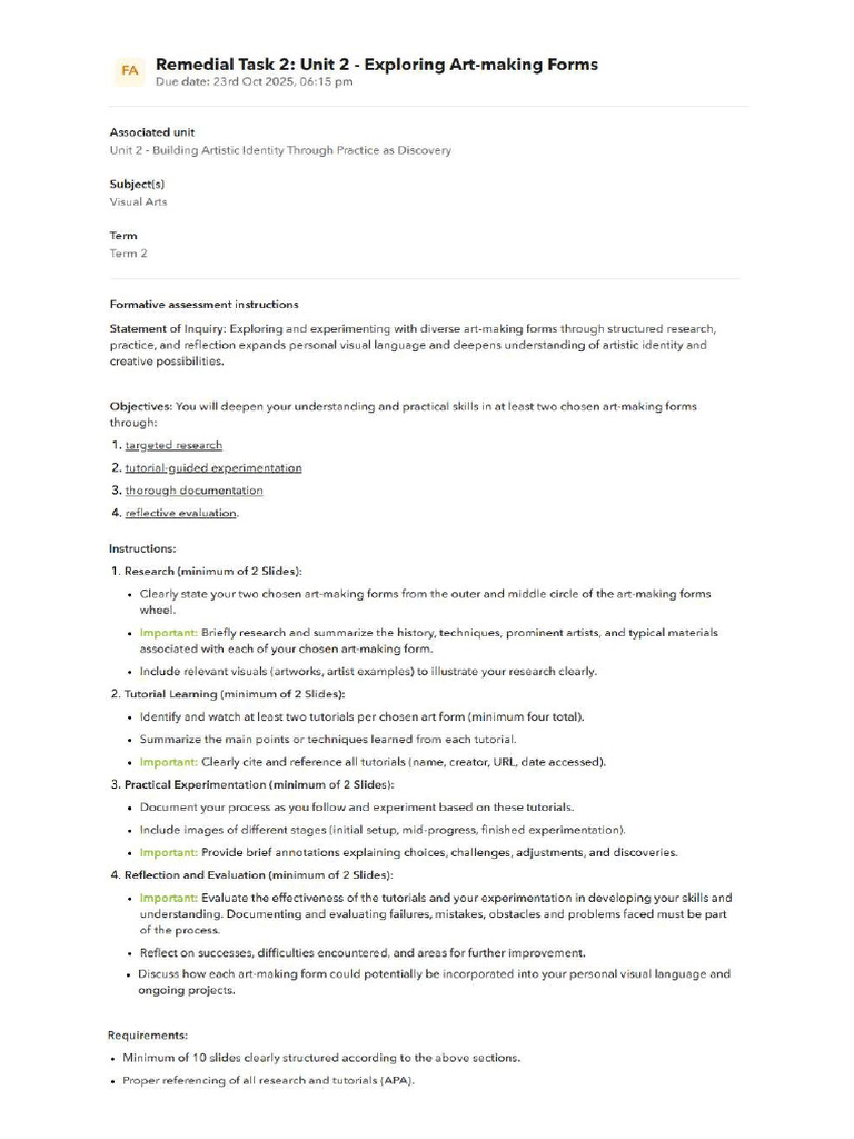 Visual Arts - Unit 2 - Remedial Task 2 | PDF