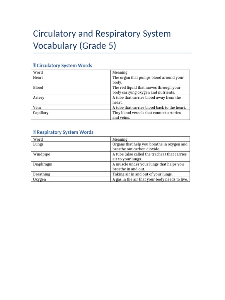 Circulatory and Respiratory Vocabulary Grade5 | PDF