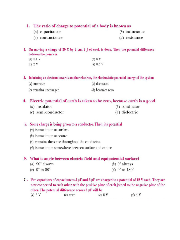 MCQ On Electric Potential and Capacitance | PDF