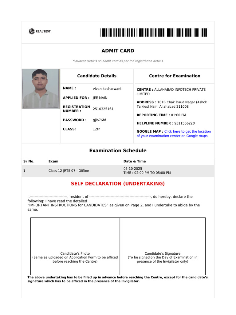 JEE Main Admit Card Instructions 2025 | PDF
