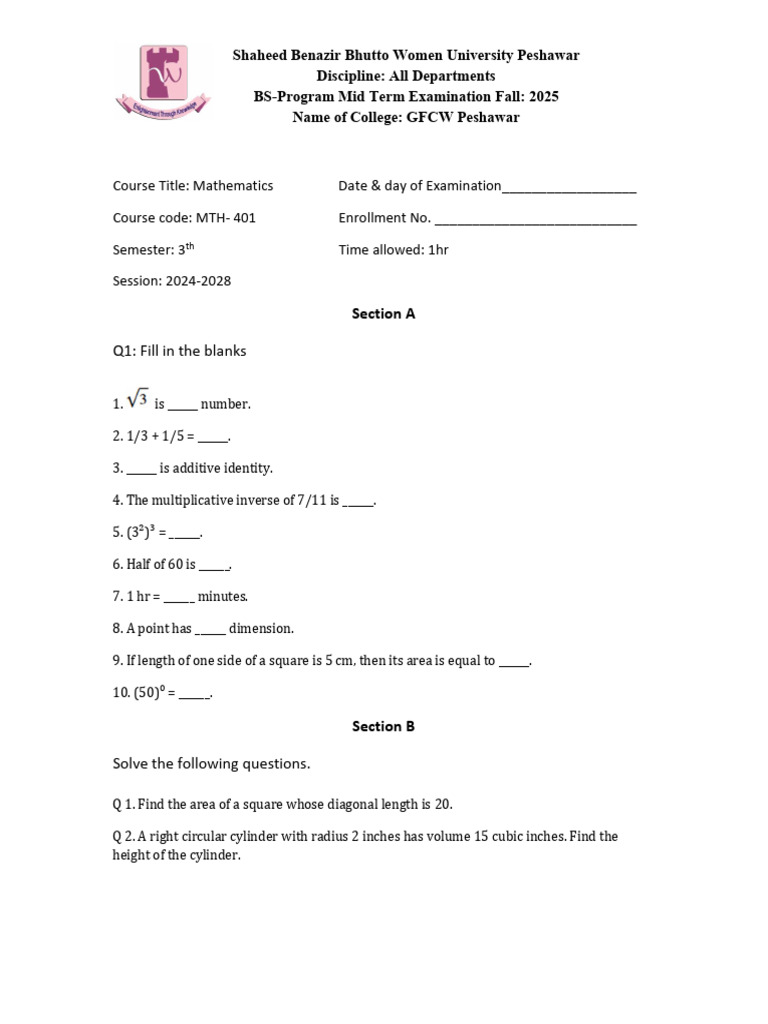 Mathematics Mid Term Exam Fall 2025 | PDF