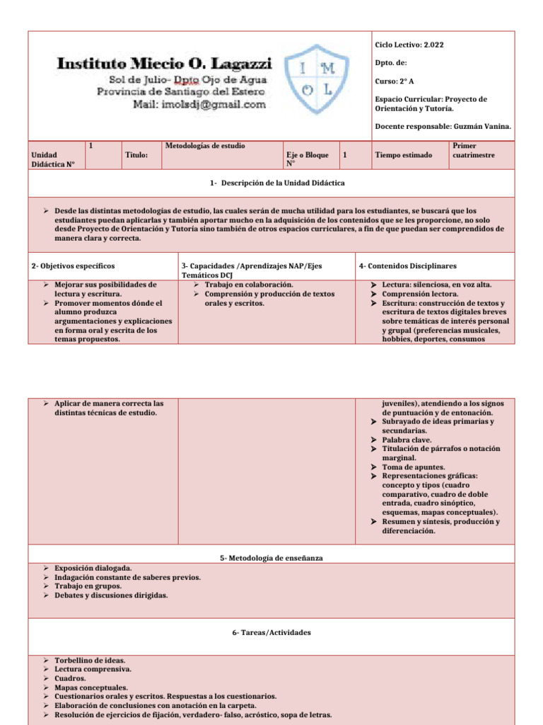 POyT - Instituto Secundario Formato de Unidad Didáctica Por Espacios ...