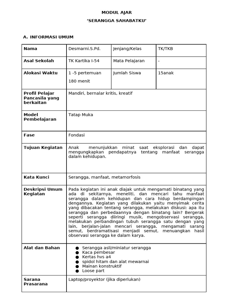 Modul Ajar Serangga untuk TK | PDF