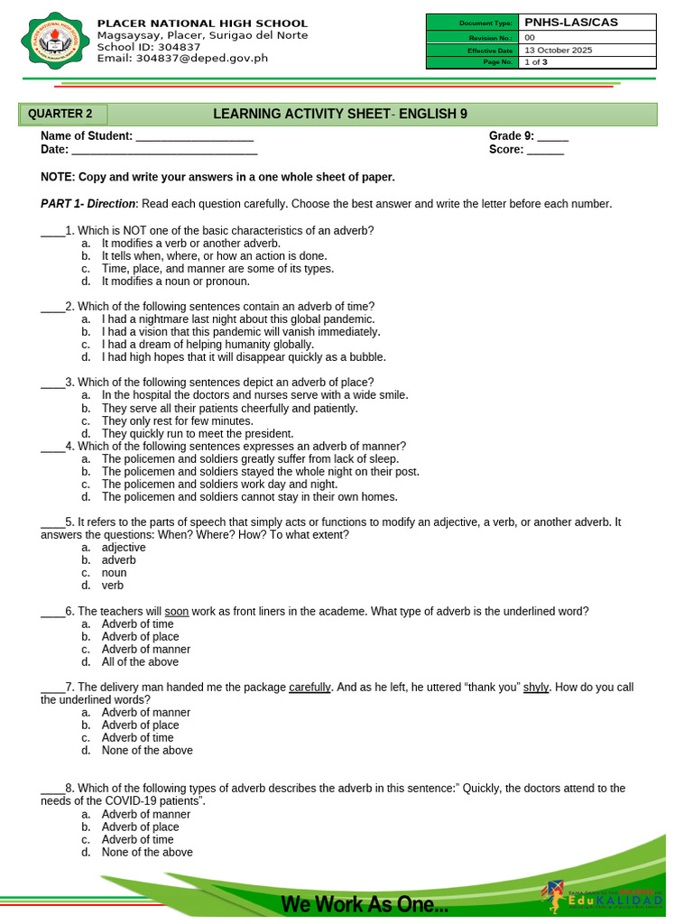 Q2-Eng9 Oct.13 LAS Learning-Activity-Sheet | PDF | Adverb | Syntactic ...