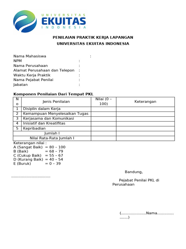 Format Penilaian PKL Perusahaan | PDF