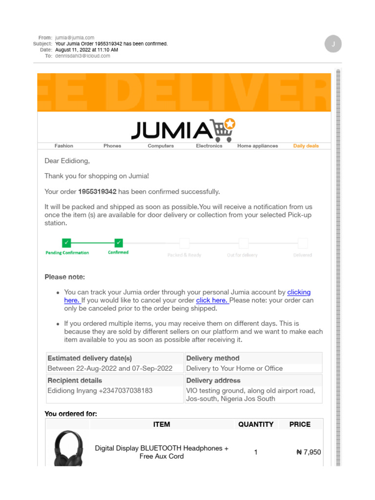 Your Jumia Order 1955319342 Has Been Confirmed | PDF