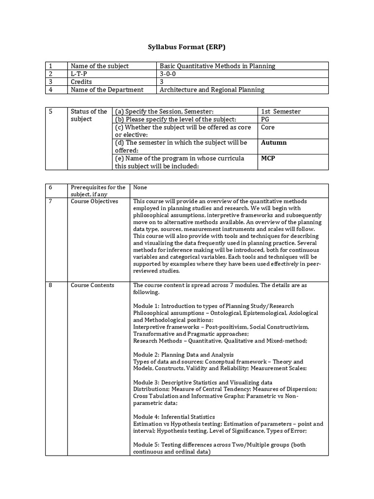 Basic Quantitative Methods Syllabus | PDF | Statistics | Regression ...