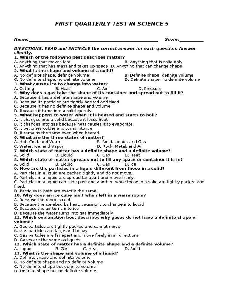 First Quarterly Test in Science 5 | PDF | Liquids | Gases