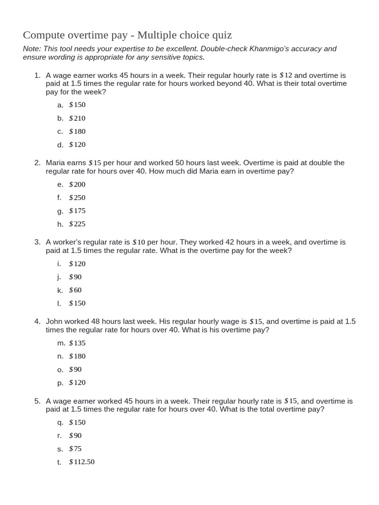 Compute Overtime Pay - Multiple Choice Quiz | PDF | Overtime
