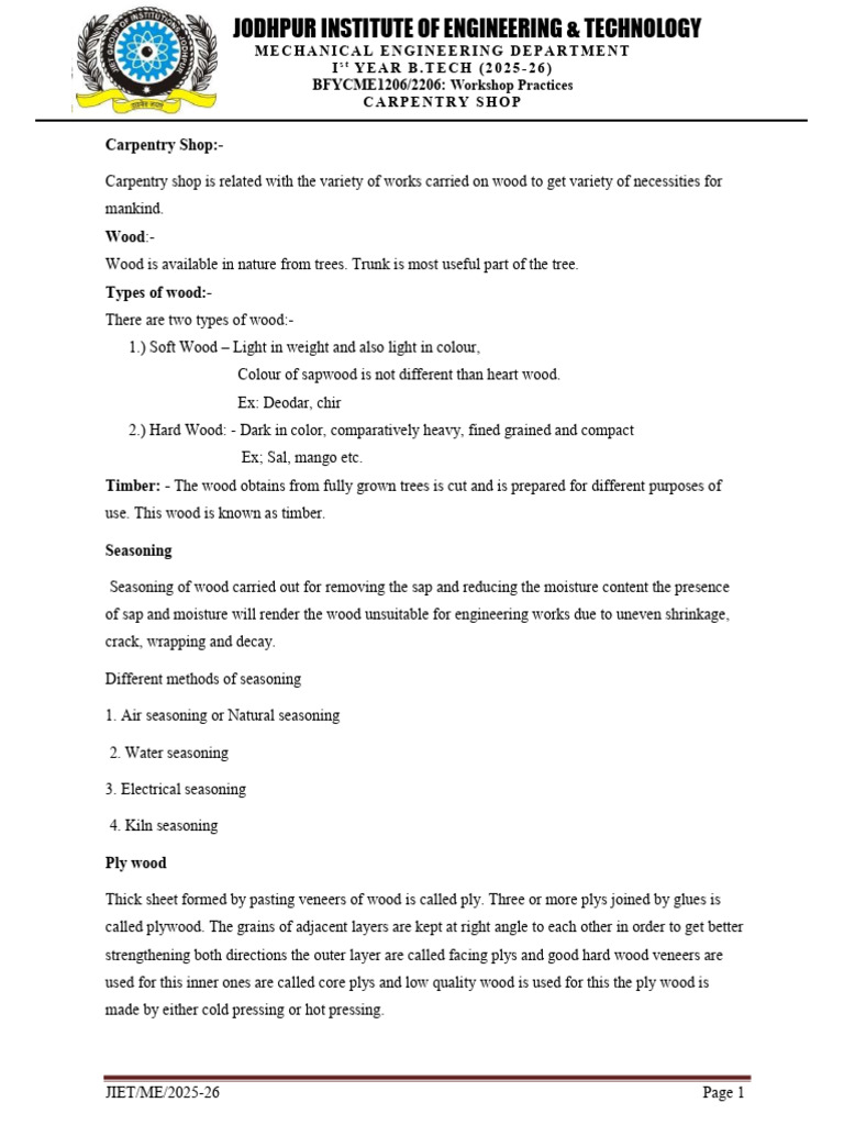 Carpentry Workshop Practices Guide | PDF | Plywood | Wood