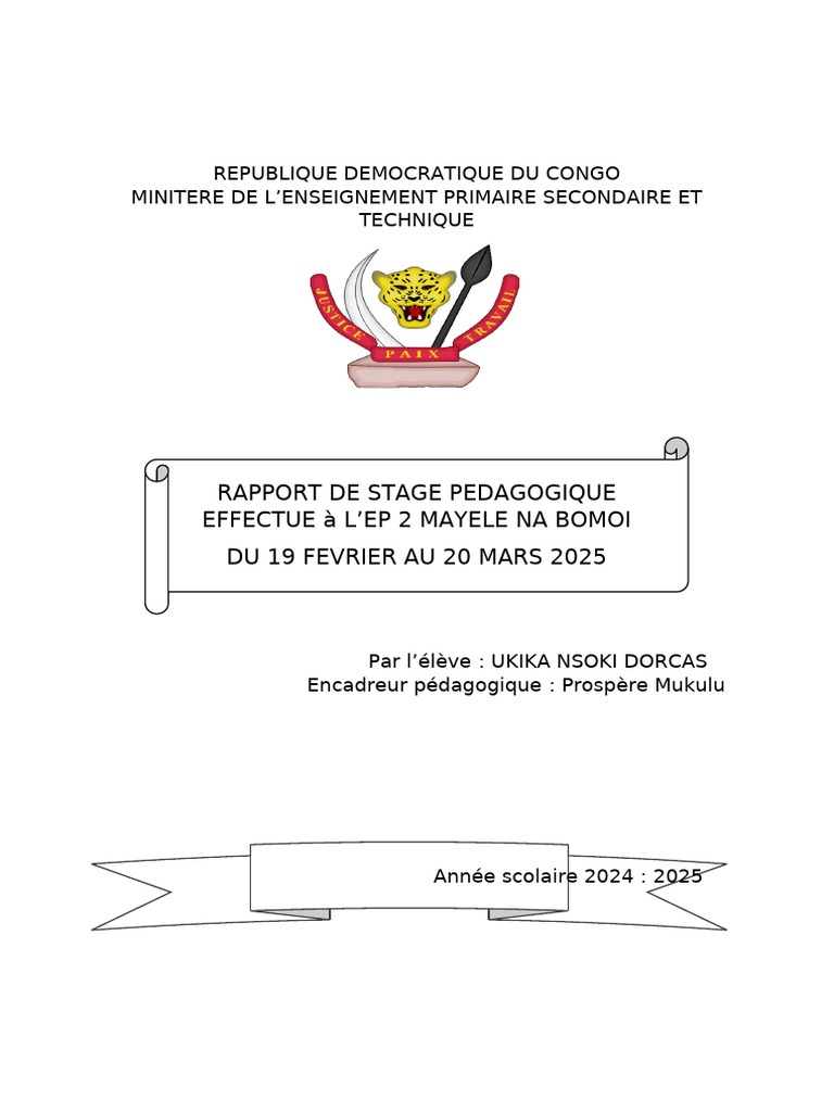 Rapport de stage à l'EP 2 Mayele | PDF