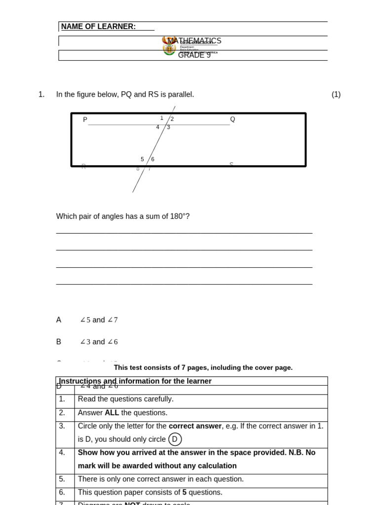 Grade 8 Mathematics Test on Angles | PDF | Angle | Elementary Geometry