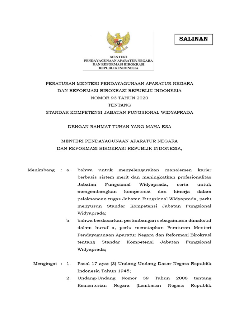 06. Permenpanrb No 93 Tahun 2020 Ttg Standar Kompetensi Jf Wp | PDF