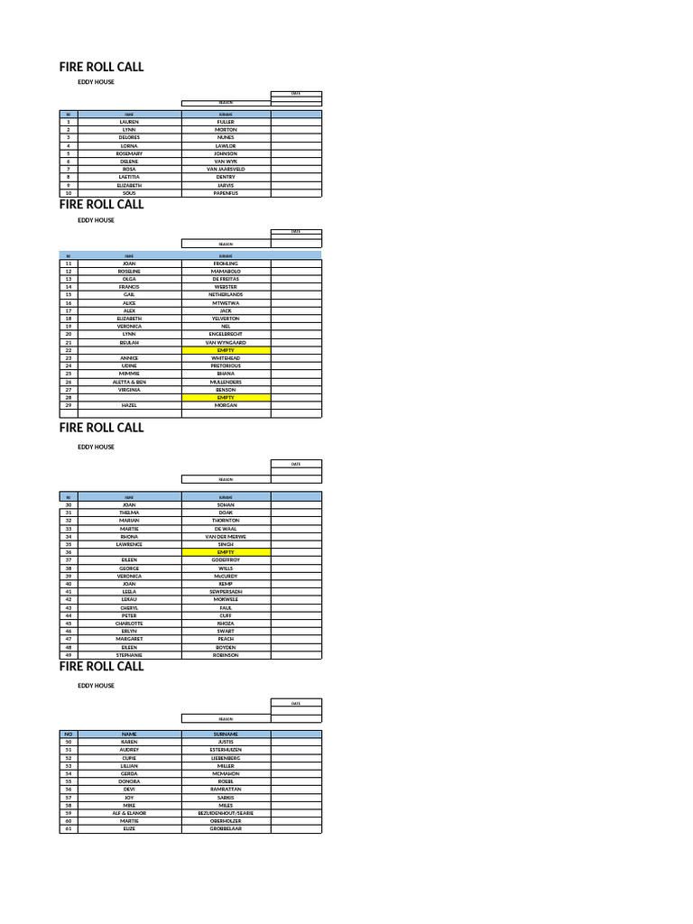 Fire Drill Roll Call Listing | PDF