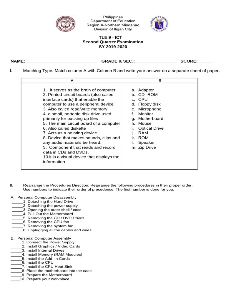 TLE 9 ICT Second Quarter Exam Guide | PDF | Computer Science | Electronics