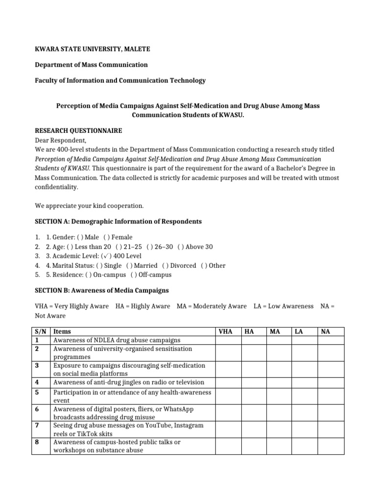 Full KWASU Questionnaire Media Campaigns | PDF | Substance Abuse