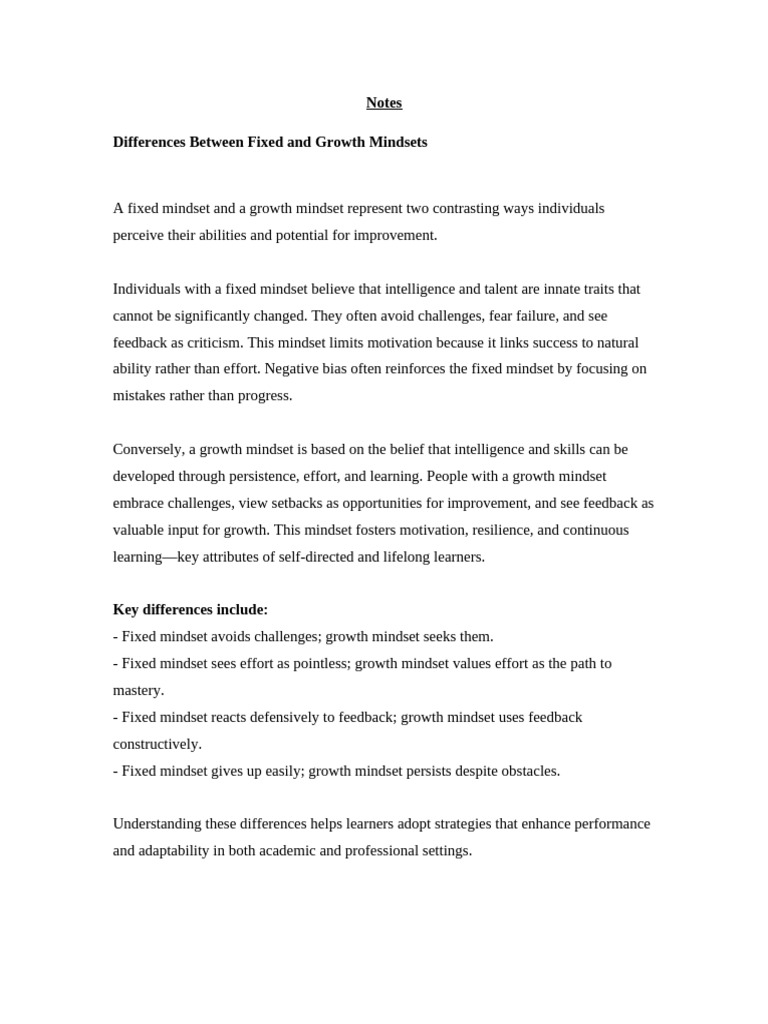 Fixed Vs Growth Mindset Notes | PDF