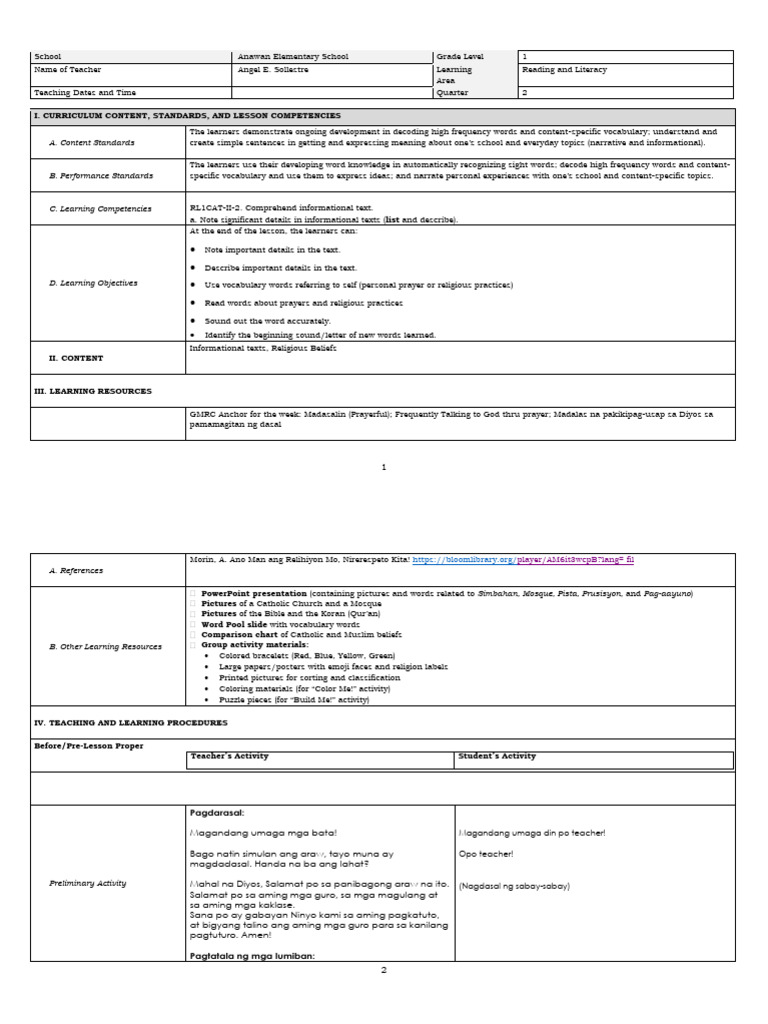 Reading and Literacy Lesson Plan-Grade 1 q2. W6-For MD | PDF
