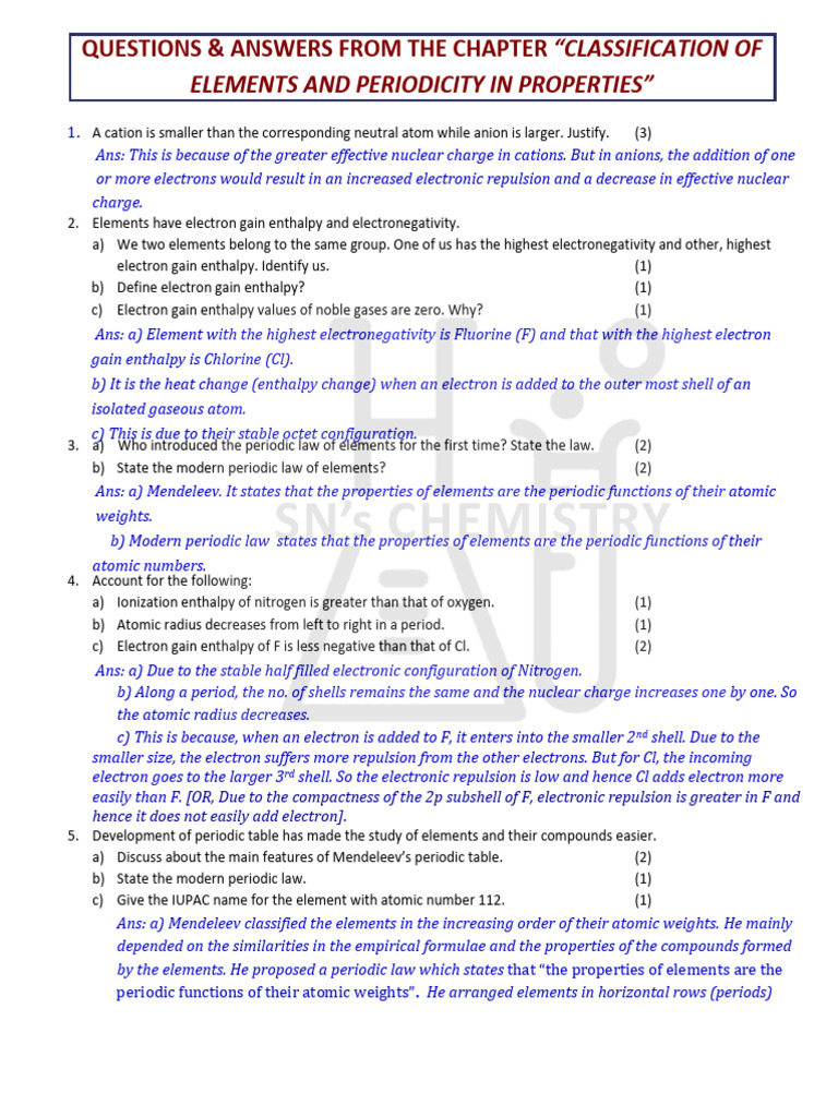 Classification of Elements Q & A | PDF | Periodic Table | Ion