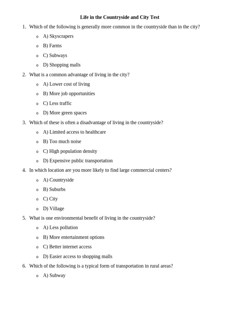 Countryside vs. City Living Test | PDF | Cost Of Living | City