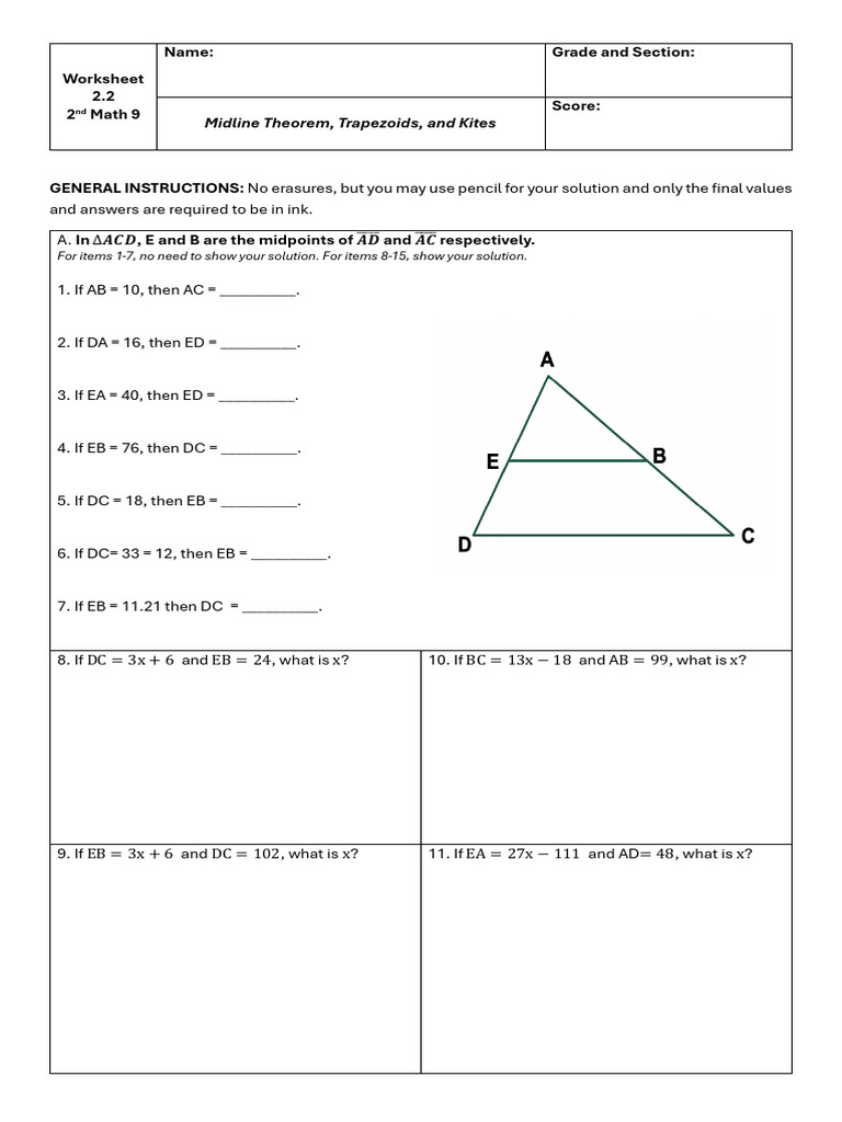 Worksheet 2.2 Trapezoids and Kites | PDF