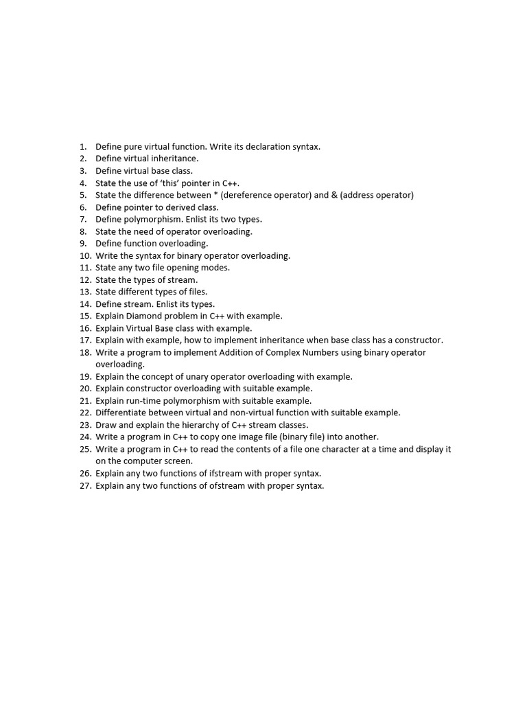 Question Bank For Unit Test 2 Based On Unit 3 4 and 5 of Oop | PDF
