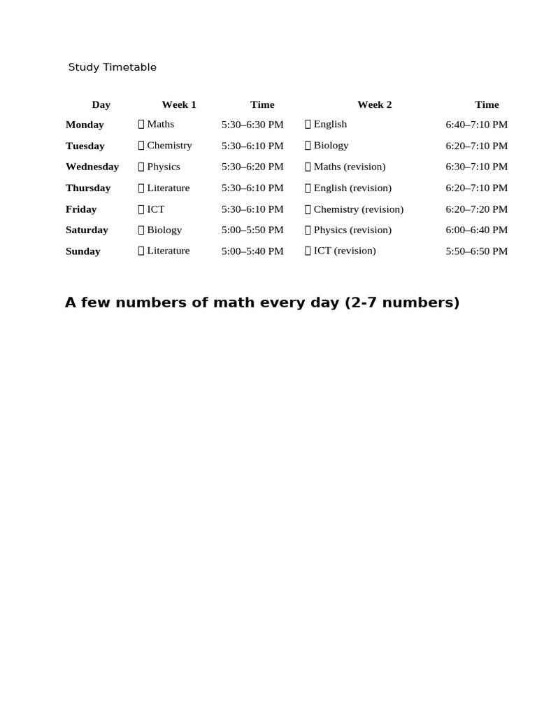 Weekly Study Timetable for Subjects | PDF