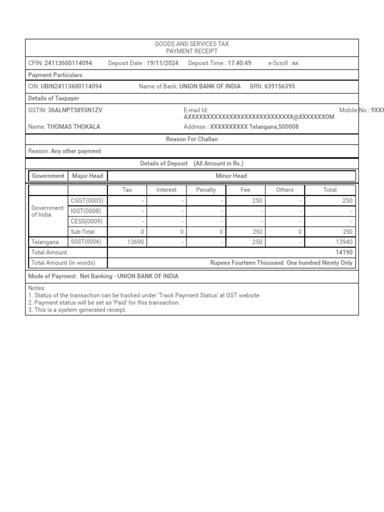 GST Payment Receipt for Thomas Thokala | PDF