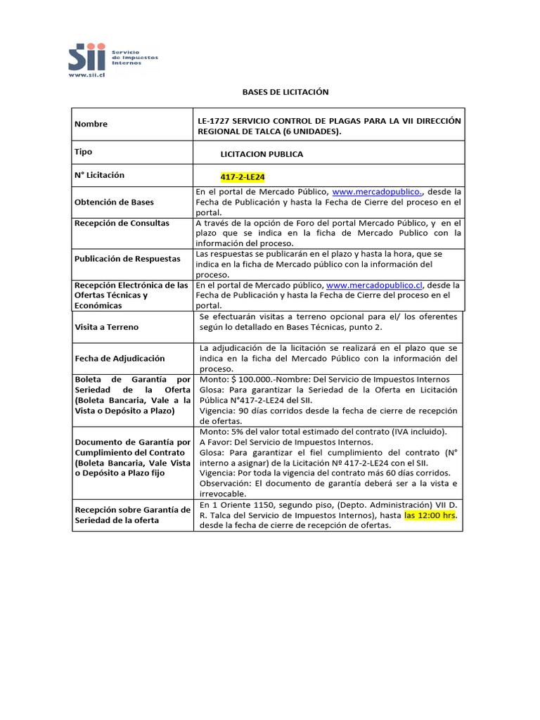Bases Licitación Servicio de Fumigación Desratización y Sanitizac | PDF | Factura | Mercado ...