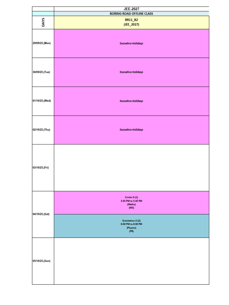 Boring Road Offline Class BR11 - B2 (JEE - 2027) : Dussehra Holidays | PDF