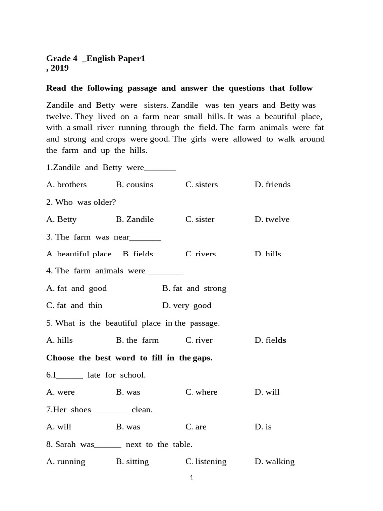 Grade 4 English Paper 1 Questions | PDF | Breads