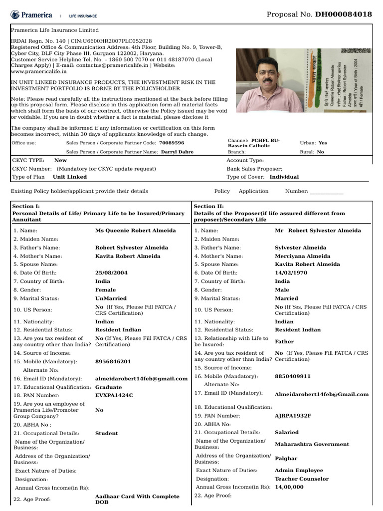 Pramerica Life Insurance Proposal Form | PDF | Life Insurance | Insurance