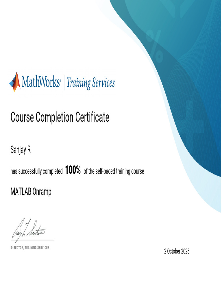 MATLAB Onramp Course Completion Certificate | PDF