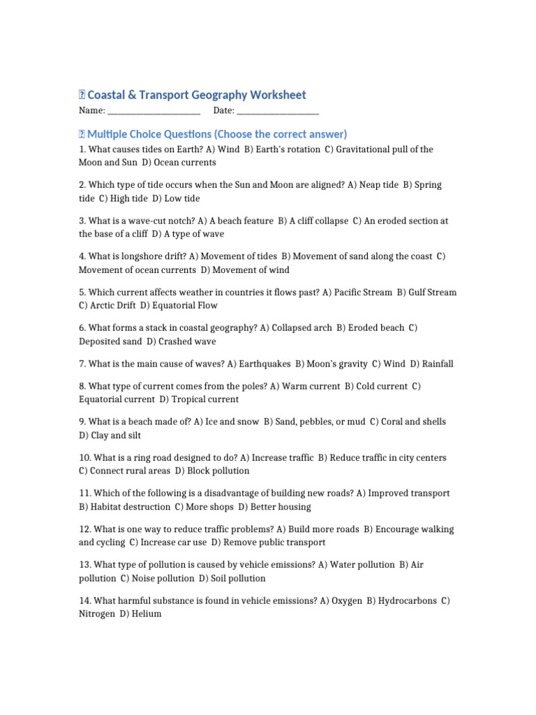 Coastal Geography Worksheet Quiz | PDF | Beach | Tide