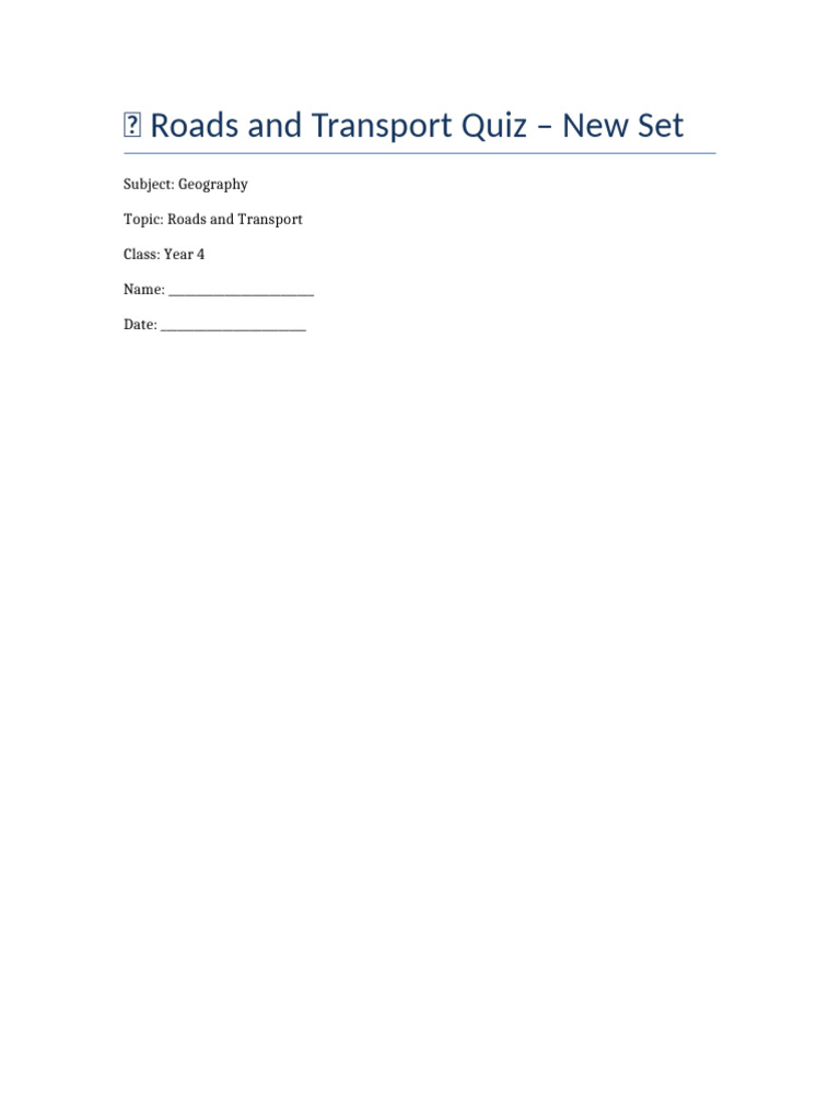 Year 4 Transport Quiz Questions | PDF | Transport | Road