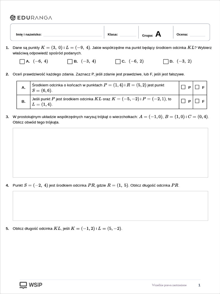 Kartkówka Układ Współrzędnych KL 8 | PDF