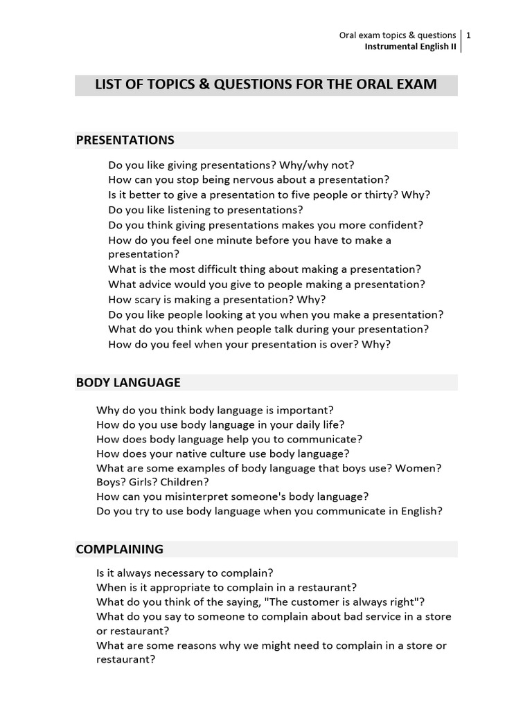 Oral Exam Topics for English II | PDF | News | Body Language