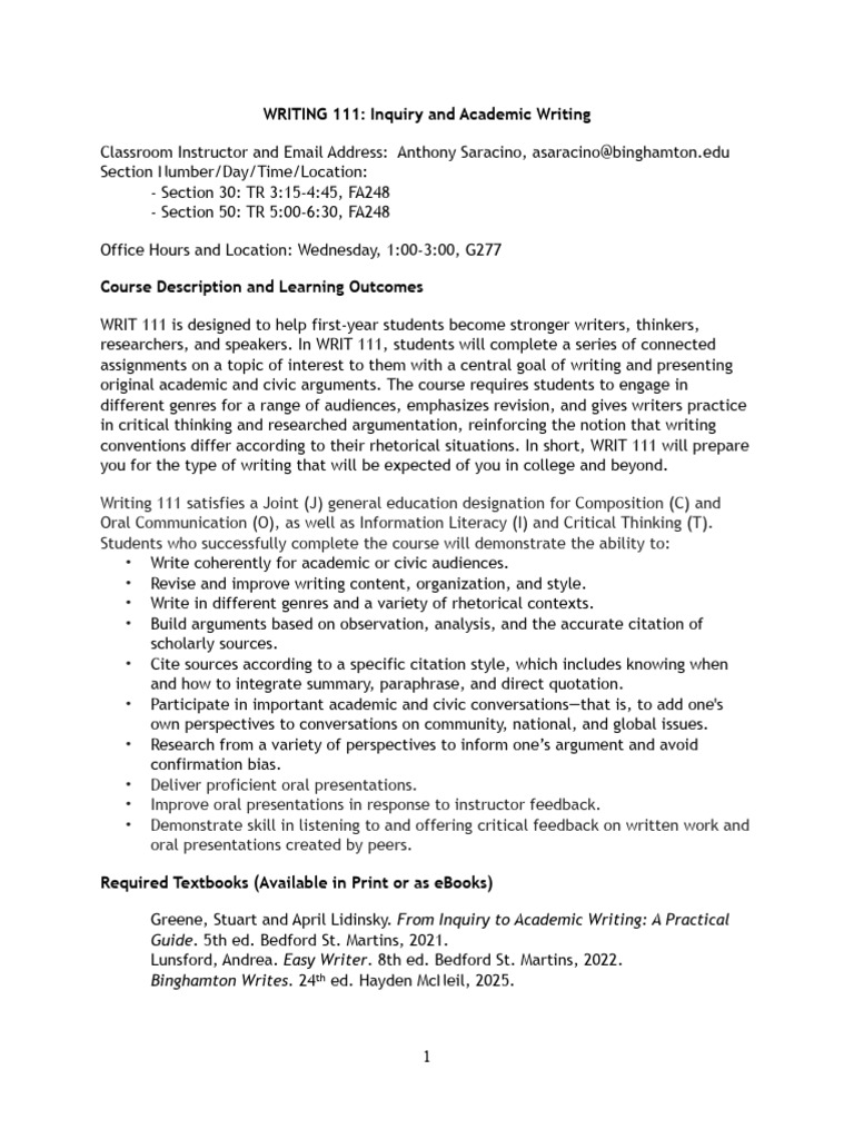 WRIT 111 Syllabus Fall '25 | PDF | Peer Review | Plagiarism