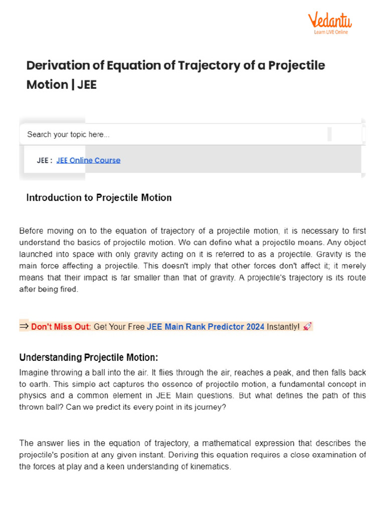 Derivation of Equation of Trajectory of A Projectile Motion - JEE | PDF