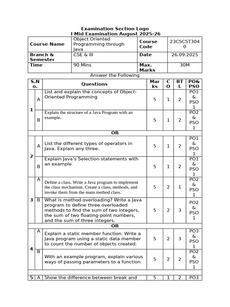 OOP Question Paper Mid-1 Modified | PDF | Method (Computer Programming ...