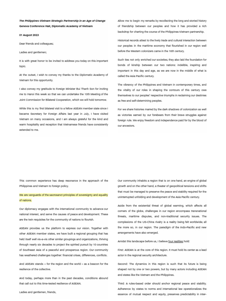 Diplomatic Speech - Vietnam | PDF | Vietnam | Philippines