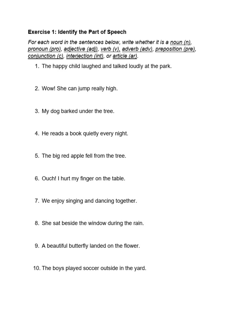 Exercises For Parts of Speech Test | PDF | Part Of Speech | Adverb