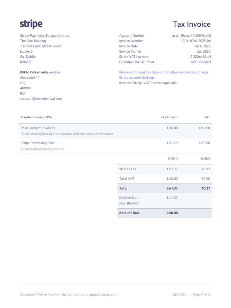 Stripe Tax Invoice J0R4UCV0-2025-06 | PDF | Value Added Tax | Invoice
