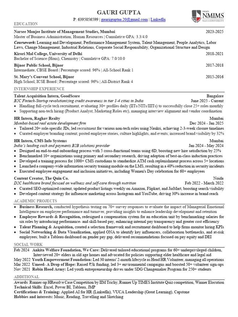 Gauri Resume (Mba-Hr Nmims'25) | PDF | Employee Retention | Business