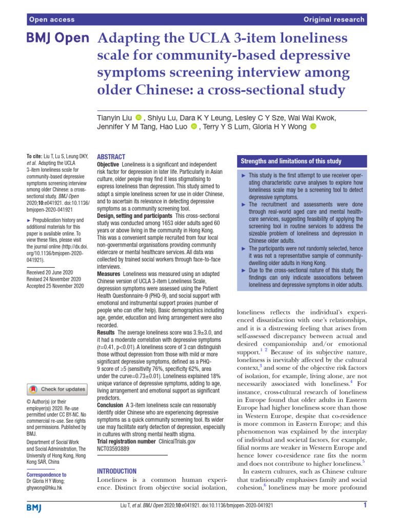 Loneliness Scale Adaptation for Older Chinese | PDF | Mental Disorder ...