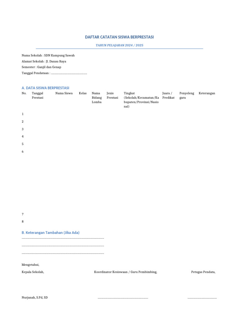 Daftar Catatan Siswa Berprestasi | PDF