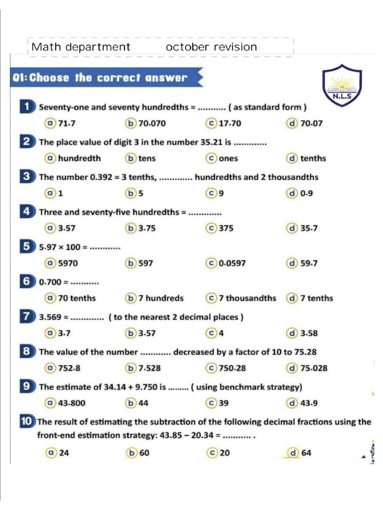 October Math Revision Prim 5 | PDF