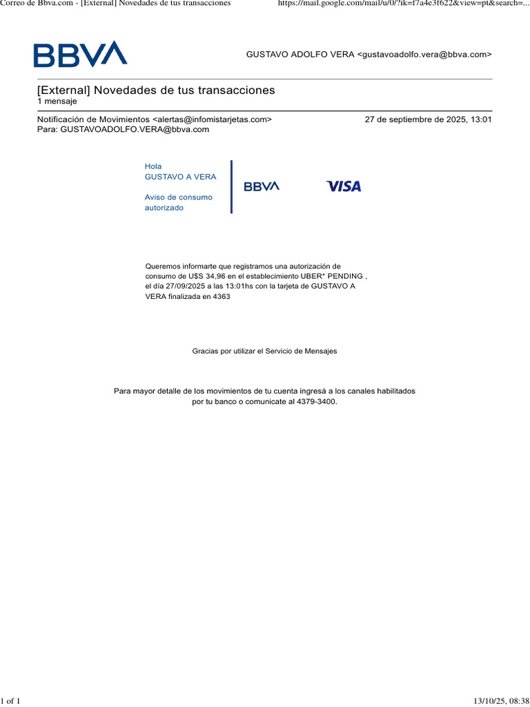 Correo de Bbva - Com - (External) Novedades de Tus Transacciones | PDF