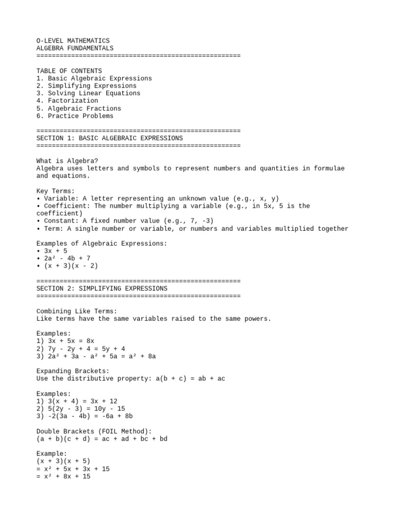 O-Level Algebra Fundamentals Guide | PDF | Algebra | Multiplication