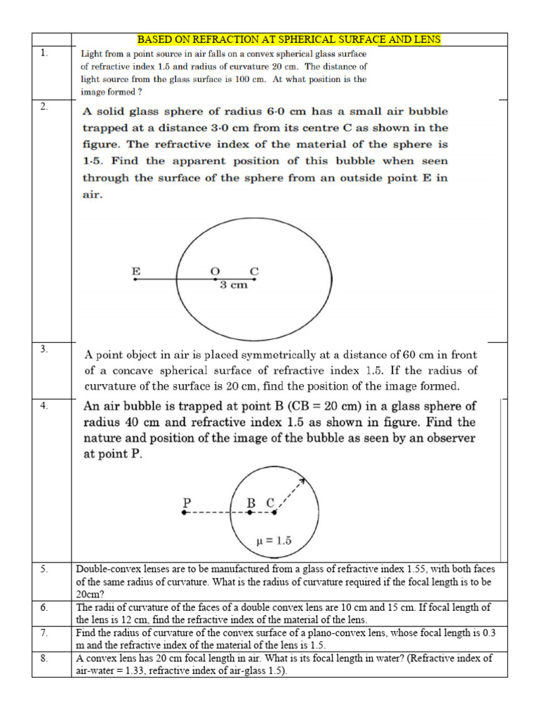 Ray Optics Worksheet No 3 - Based On Lens | PDF | Refractive Index | Optics